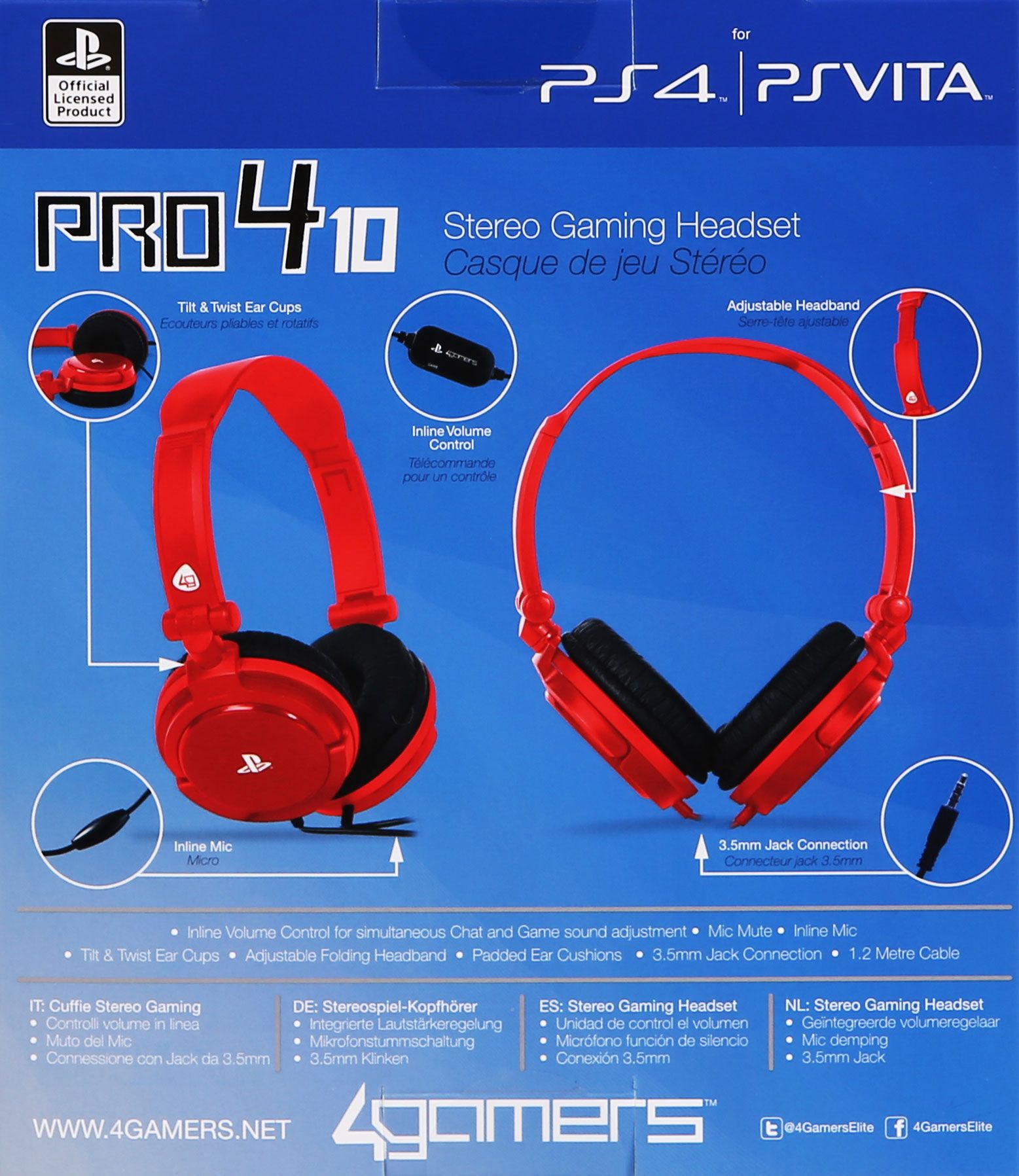 4gamers Pro4 10 Wired Stereo Gaming Headset Red Ps4 Ps Vita New