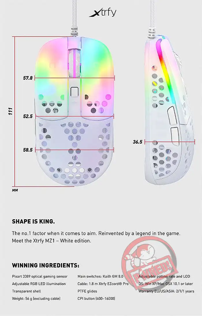Xtrfy MZ1 Zy's Rail RGB Ultra-Light Gaming Mouse - White (PC)(New ...